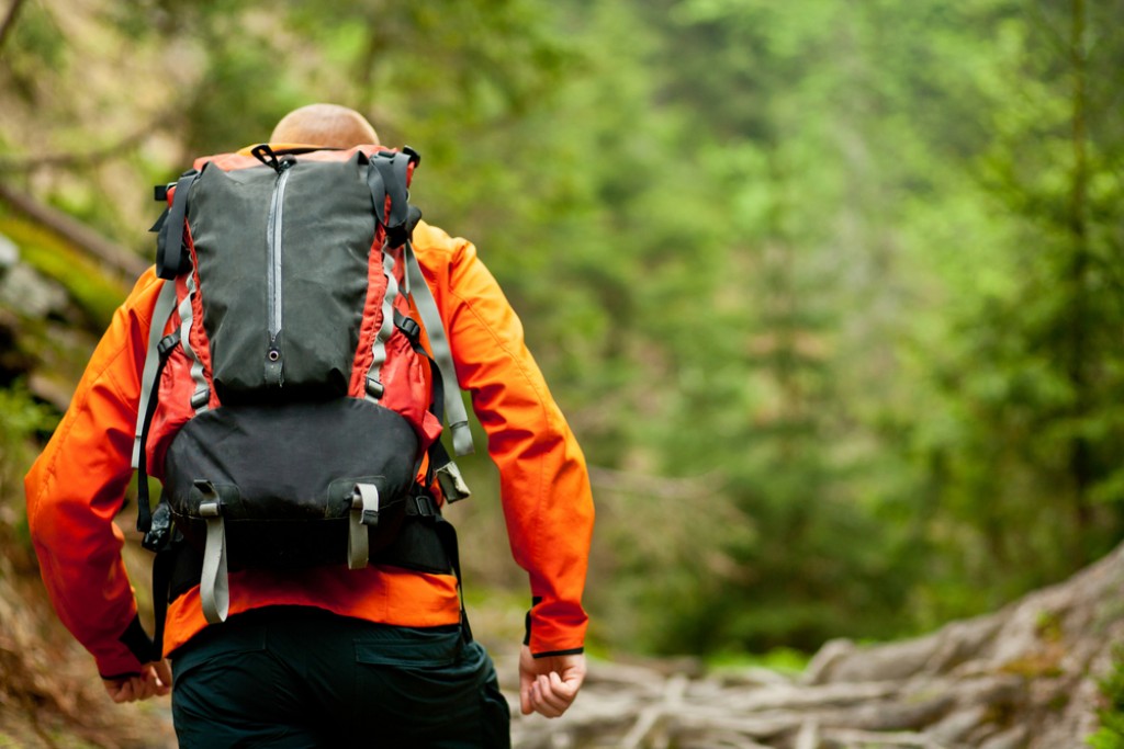 Young man in orange jacket walking hiking outdoors with backpack ...